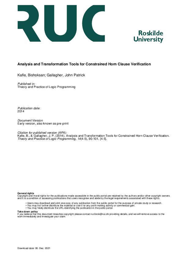 (PDF) Analysis and transformation tools for constrained Horn clause verification | Bishoksan ...