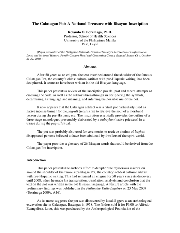 (PDF) The Calatagan Pot: A National Treasure with Bisayan Inscription