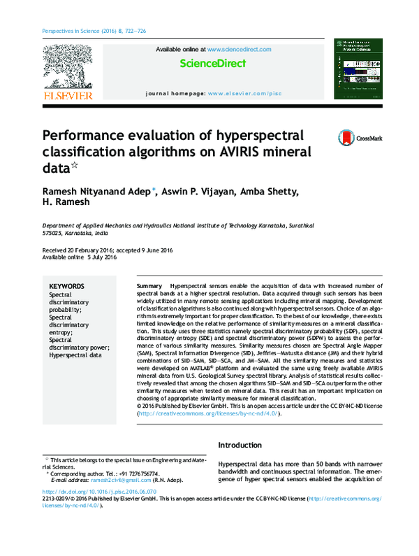 Pdf Performance Evaluation Of Hyperspectral Classification Algorithms On Aviris Mineral Data