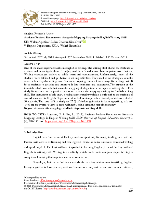 (PDF) Students Positive Response on Semantic Mapping Strategy in English Writing Skill | Ulfa ...