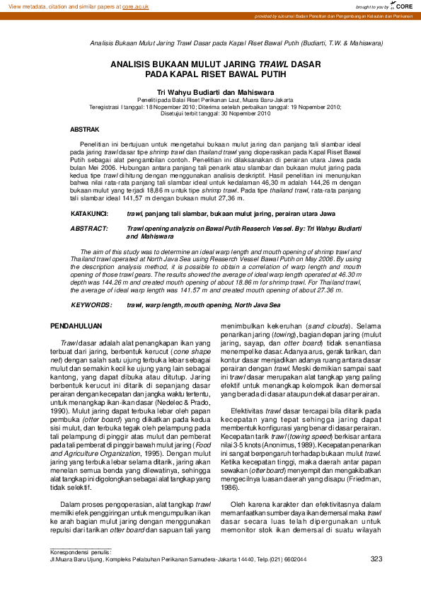 (PDF) Analisis Bukaan Mulut Jaring Trawl Dasar Pada Kapal Riset Bawal Putih