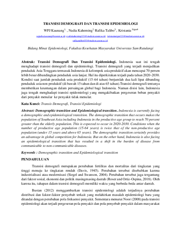 (PDF) TRANSISI DEMOGRAFI DAN TRANSISI EPIDEMIOLOGI