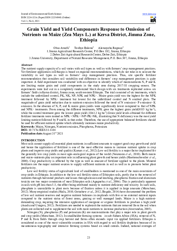 (PDF) Grain Yield and Yield Components Response to Omission of Nutrients on Maize (Zea Mays L ...