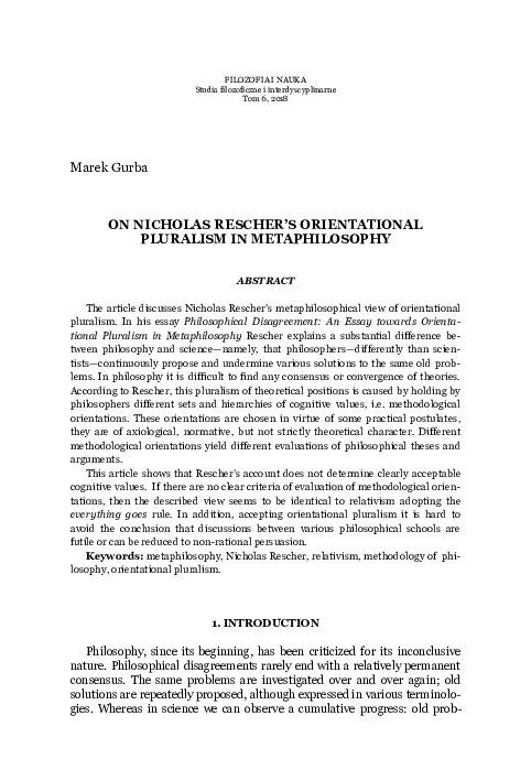 (PDF) On Nicholas Rescher’s Orientational Pluralism in Metaphilosophy