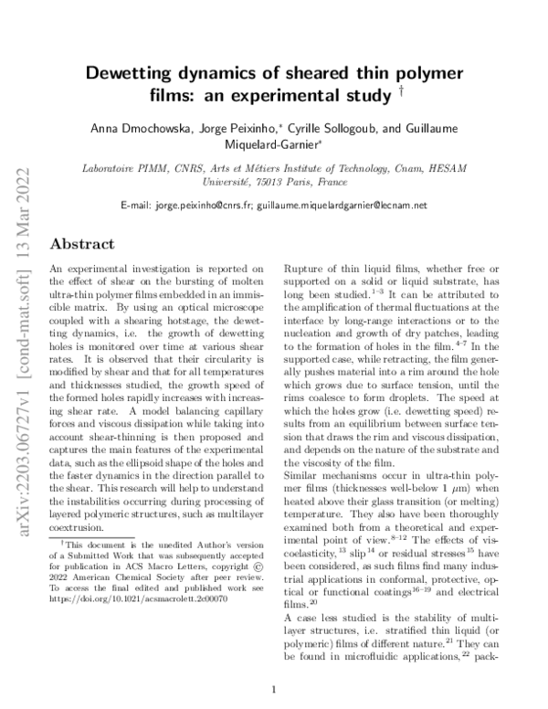 (PDF) Dewetting Dynamics of Sheared Thin Polymer Films: An Experimental ...