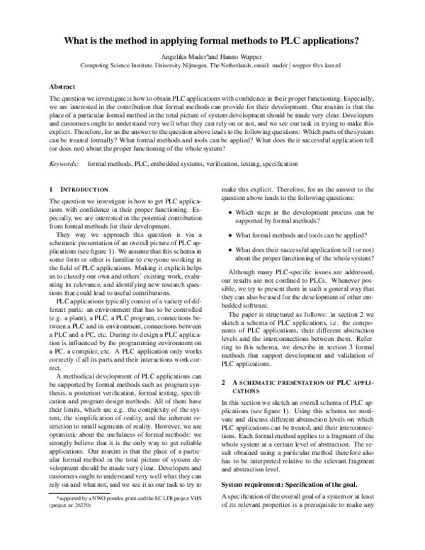(PDF) What is the method in applying formal methods to PLC applications?
