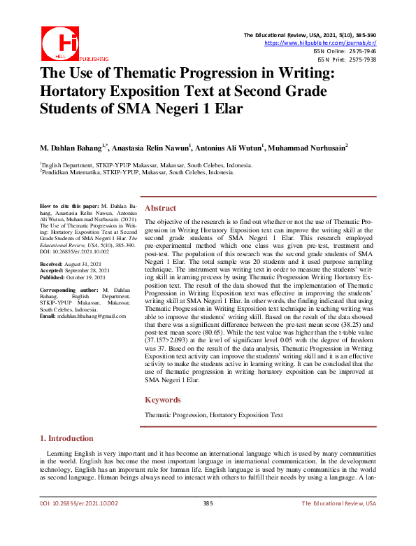(PDF) The Use of Thematic Progression in Writing: Hortatory Exposition Text at Second Grade ...