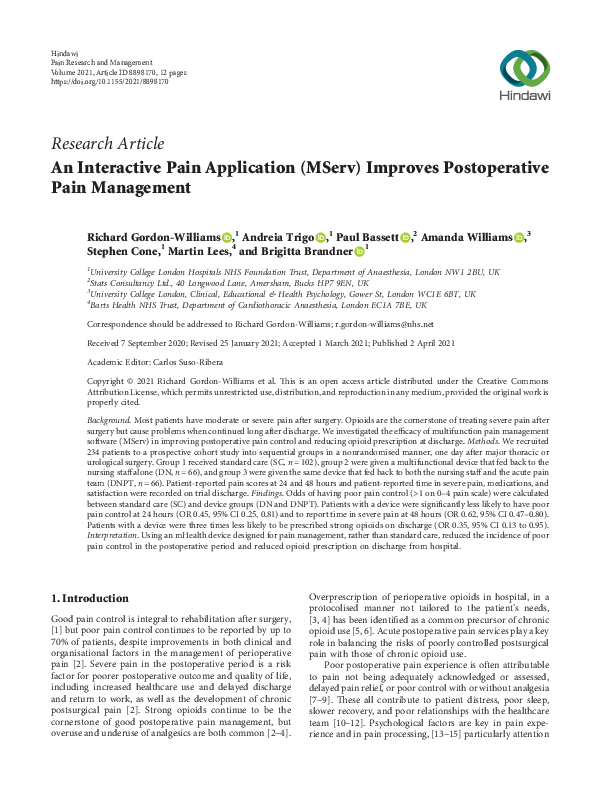 (PDF) An Interactive Pain Application (MServ) Improves Postoperative ...