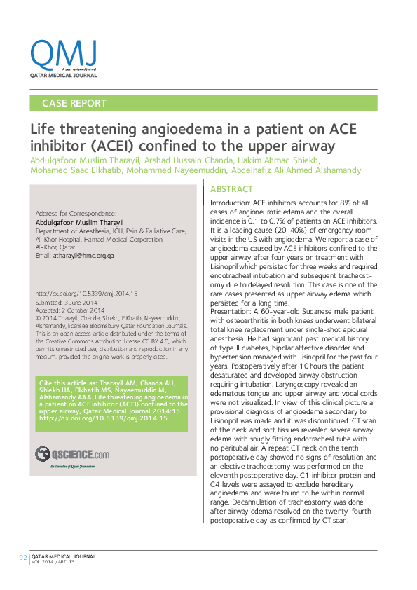 (PDF) Life threatening angioedema in a patient on ACE inhibitor (ACEI ...