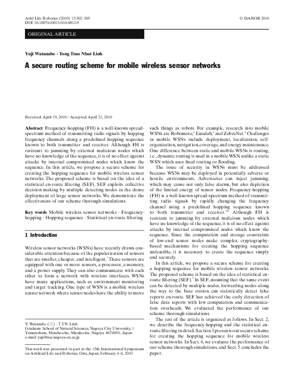 (PDF) A secure routing scheme for mobile wireless sensor networks