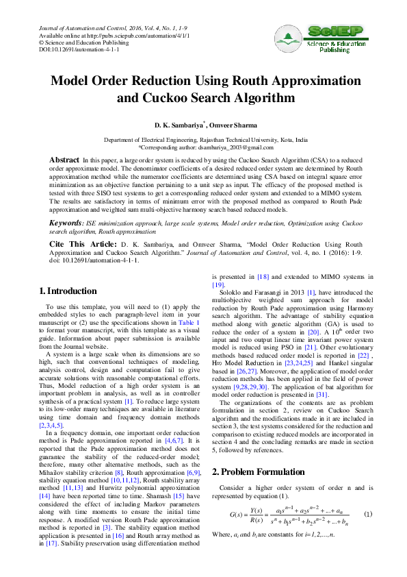 (PDF) Routh Approximation: An Approach of Model Order Reduction in SISO ...