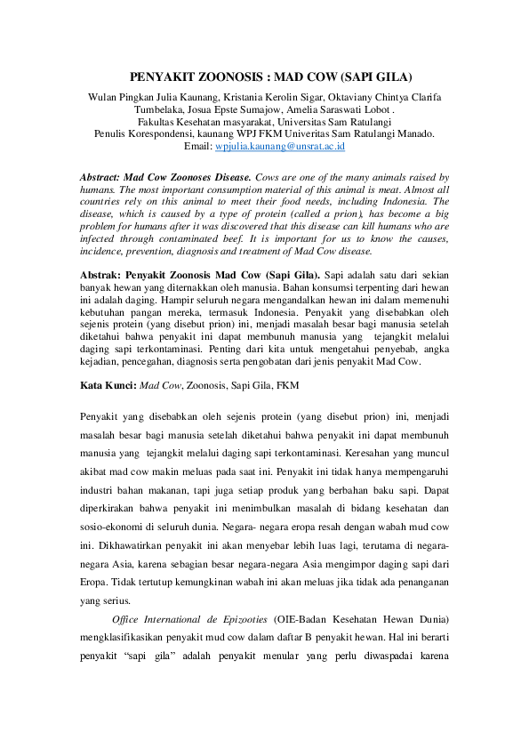 (PDF) PENYAKIT ZOONOSIS : MAD COW (SAPI GILA