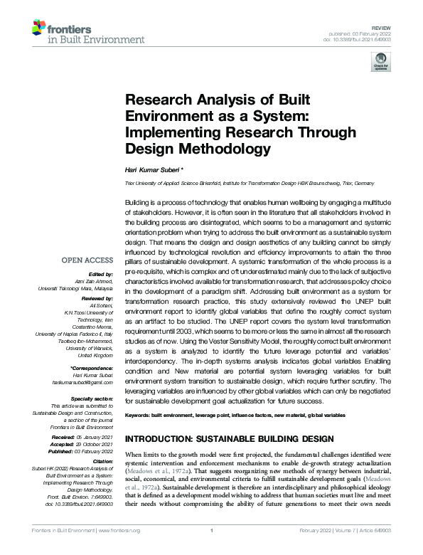 (PDF) Research Analysis of Built Environment as a System: Implementing ...