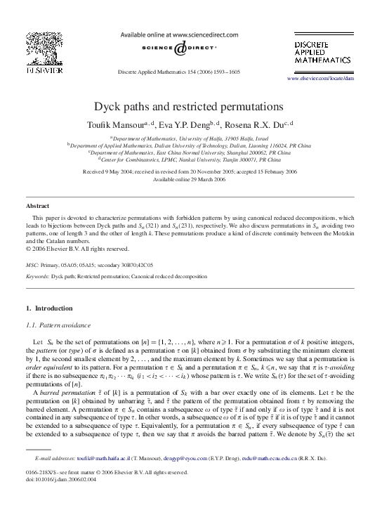 (PDF) Dyck paths and restricted permutations
