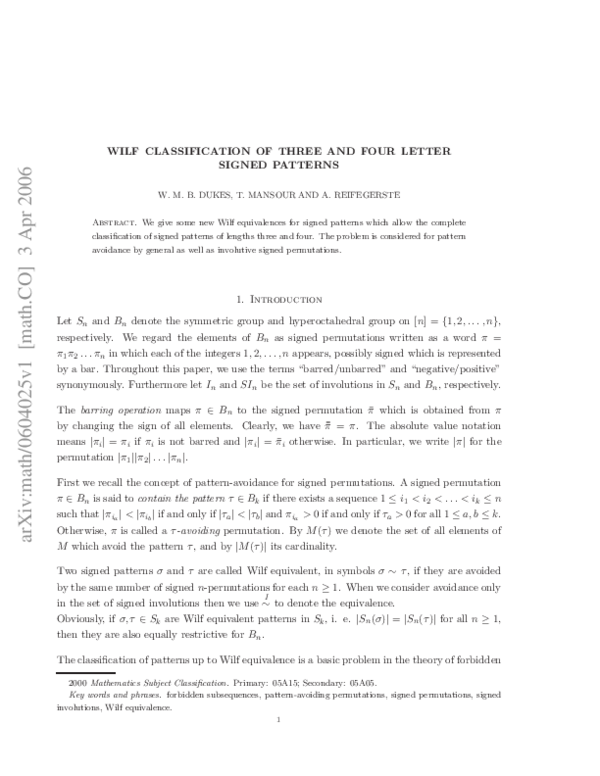 Pdf Wilf Classification Of Three And Four Letter Signed Patterns Toufik Mansour