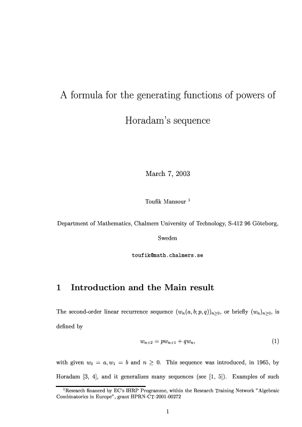 Pdf A Formula For The Generating Functions Of Powers Of Horadam S Sequence Toufik Mansour
