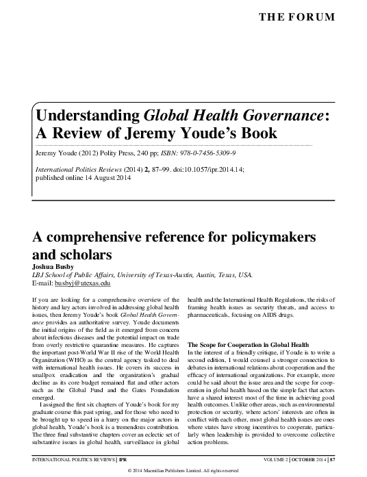 (PDF) Understanding Global Health Governance: A Review of Jeremy Youde ...