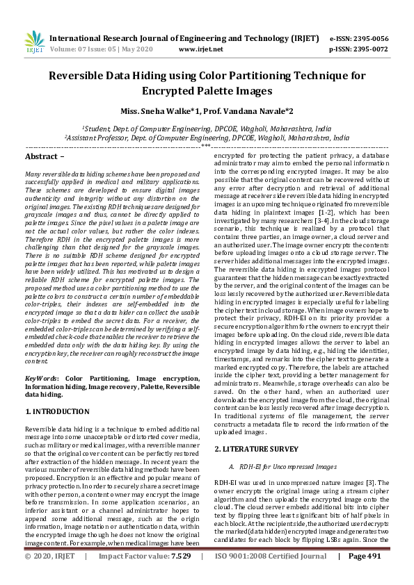 (PDF) Reversible Data Hiding using Color Partitioning Technique for Encrypted Palette Images