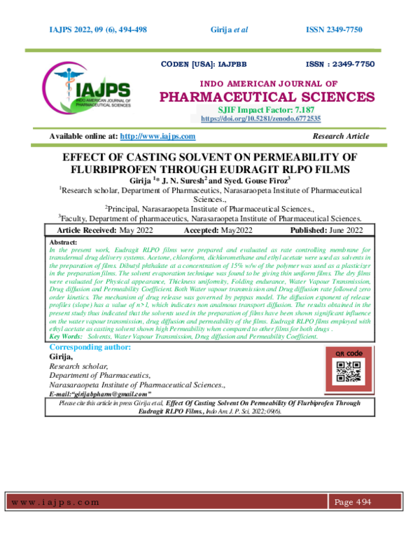 (PDF) EFFECT OF CASTING SOLVENT ON PERMEABILITY OF FLURBIPROFEN THROUGH ...