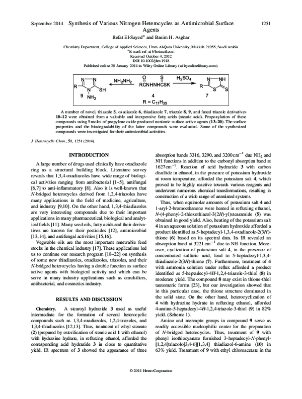 (PDF) Synthesis of Various Nitrogen Heterocycles as Antimicrobial Surface Agents