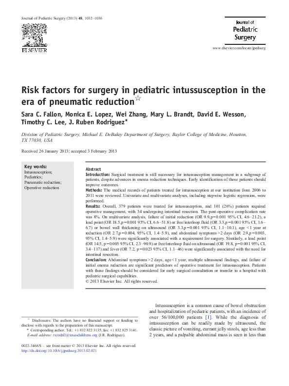 (PDF) Risk factors for surgery in pediatric intussusception in the era ...