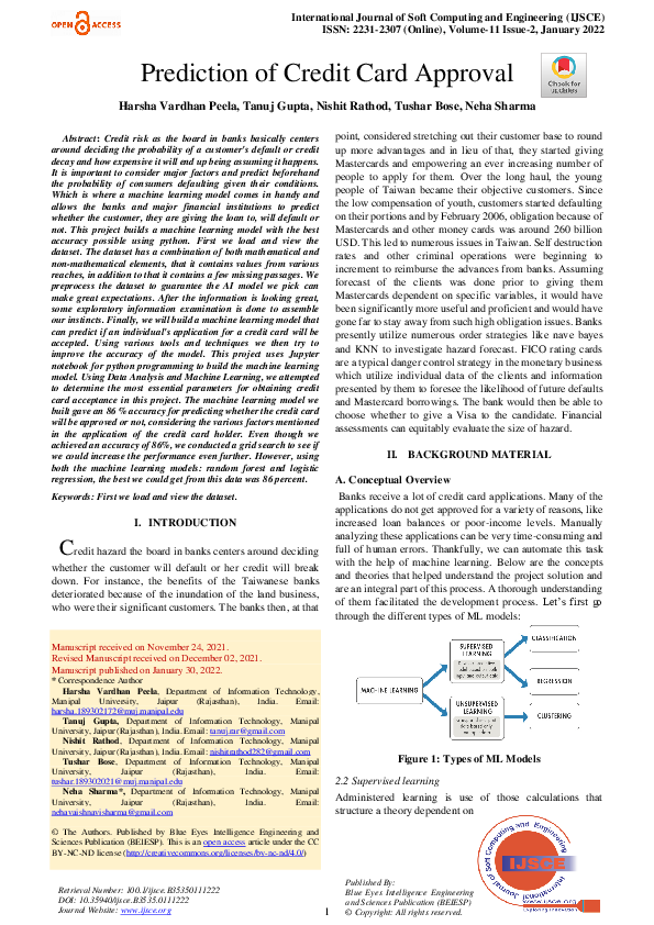 (PDF) Prediction of Credit Card Approval