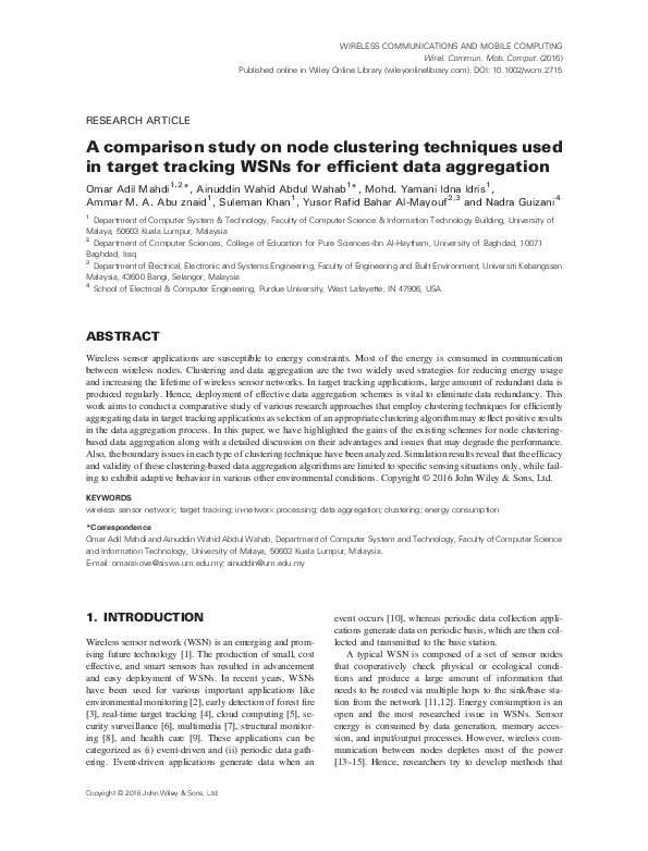 (PDF) A comparison study on node clustering techniques used in target tracking WSNs for ...