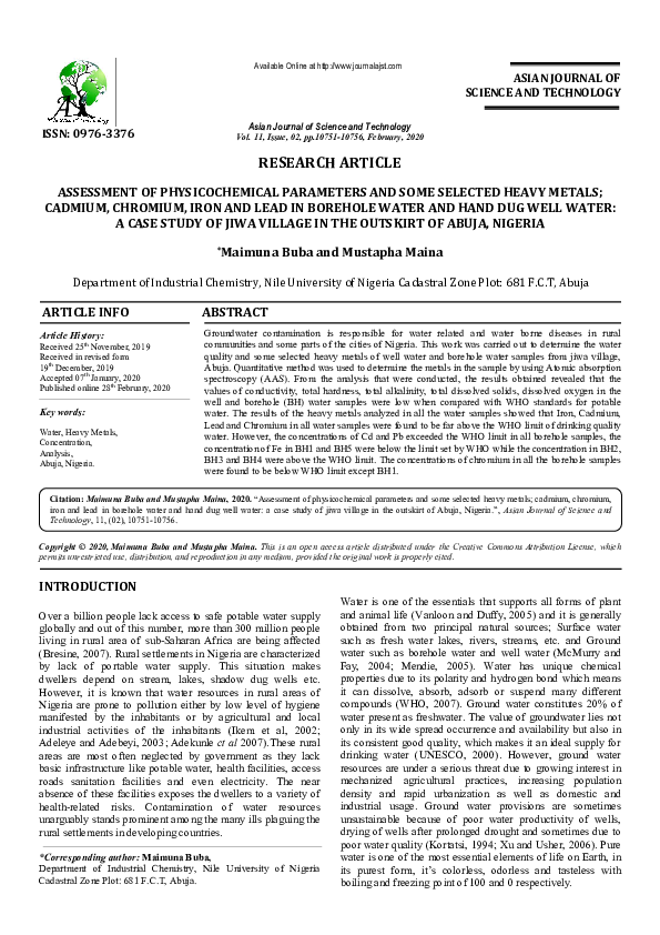 Pdf Assessment Of Physicochemical Parameters And Some Selected Heavy Metals Cadmium Chromium