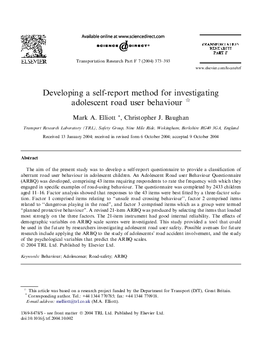 (PDF) Developing a self-report method for investigating adolescent road user behaviour