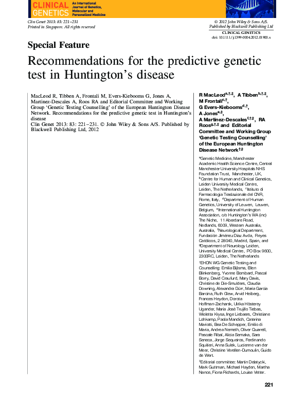 (PDF) Recommendations for the predictive genetic test in Huntington's ...