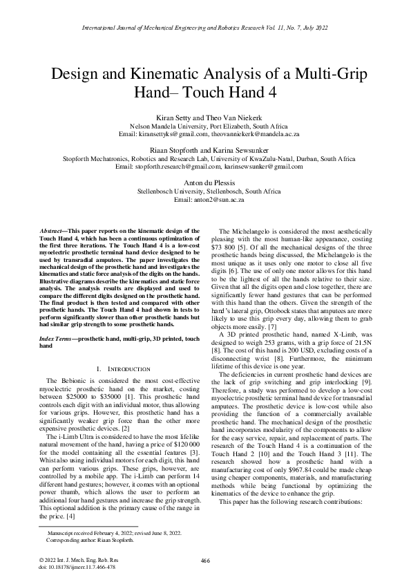 (PDF) Design and Kinematic Analysis of a Multi-Grip Hand– Touch Hand 4