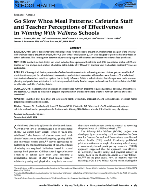 (PDF) Go Slow Whoa Meal Patterns: Cafeteria Staff and Teacher ...