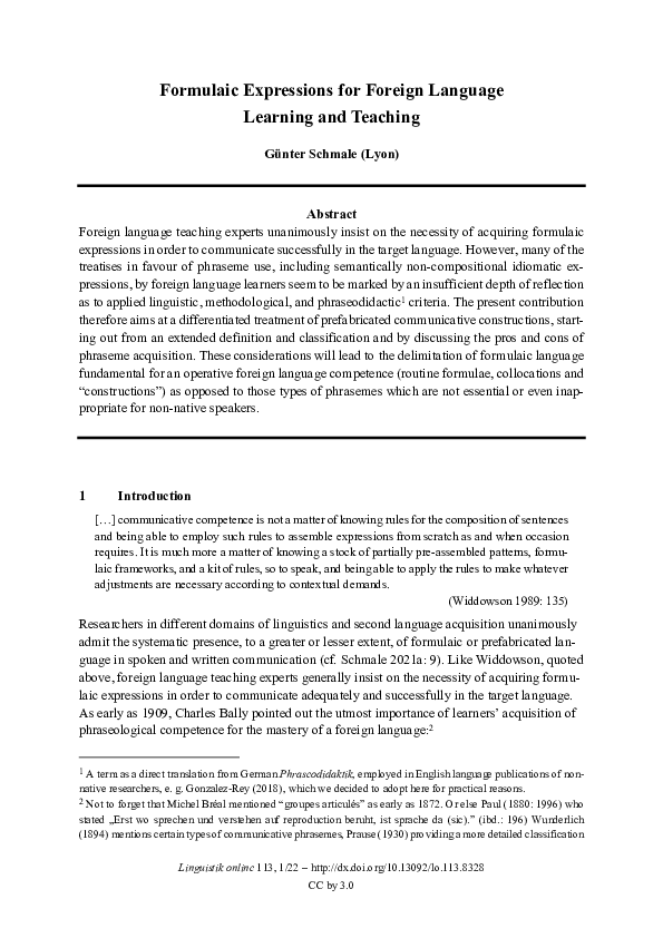 (PDF) Formulaic Expressions for Foreign Language Learning and Teaching