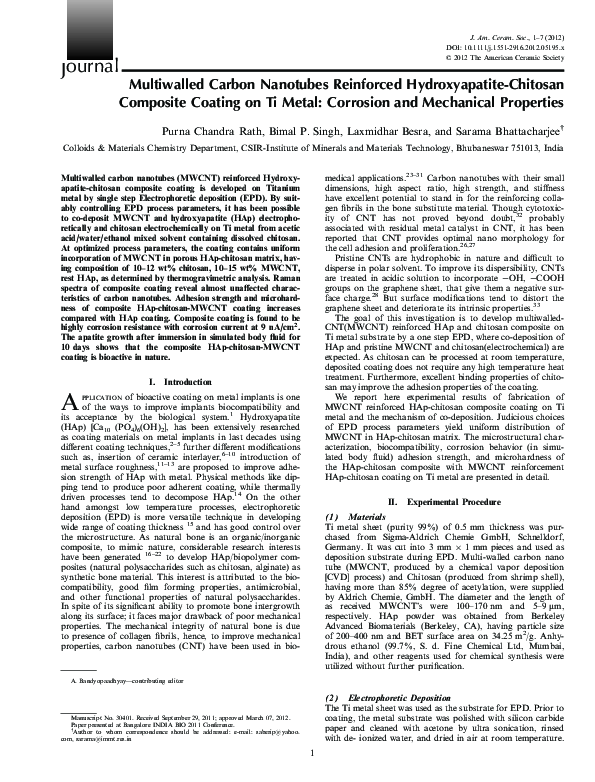 (PDF) Multiwalled Carbon Nanotubes Reinforced Hydroxyapatite-Chitosan Composite Coating on Ti ...