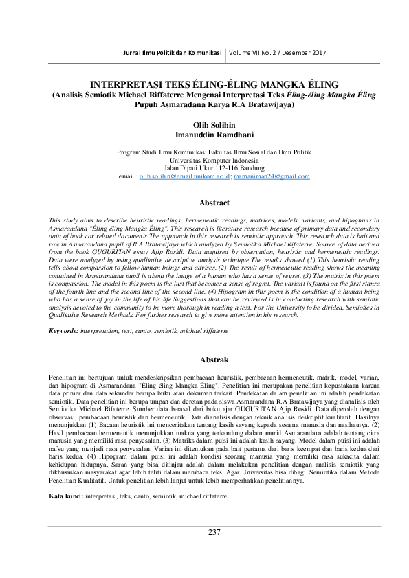 (PDF) INTERPRETASI TEKS ÉLING-ÉLING MANGKA ÉLING (Analisis Semiotik Michael Riffaterre Mengenai ...