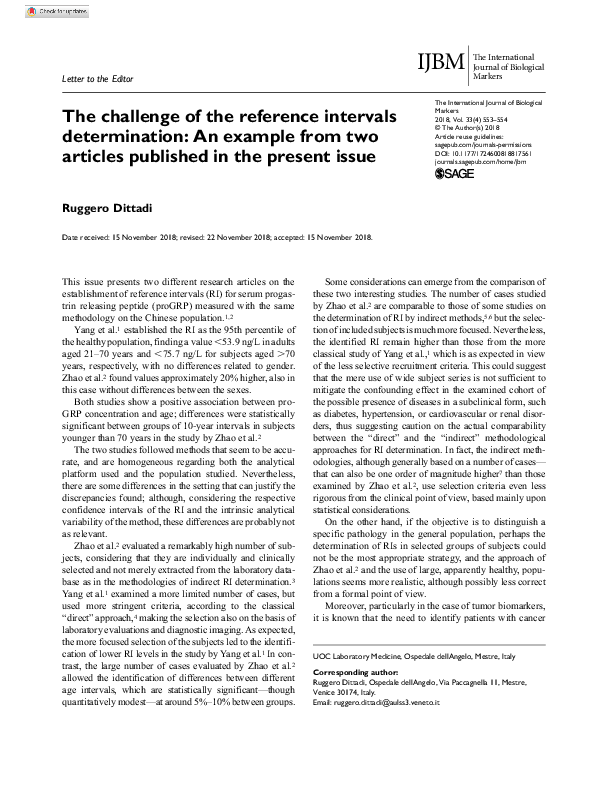 (PDF) The challenge of the reference intervals determination: An ...