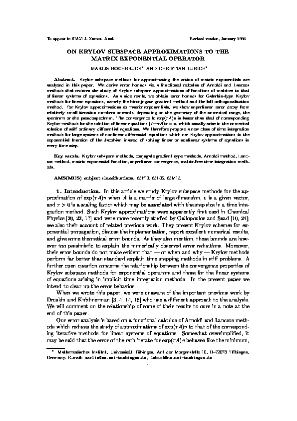 (PDF) On Krylov Subspace Approximations to the Matrix Exponential Operator