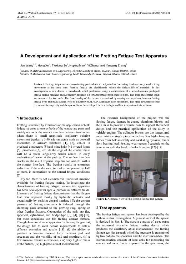 (PDF) A Development and Application of the Fretting Fatigue Test Apparatus