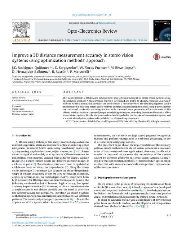 (PDF) Improve a 3D distance measurement accuracy in stereo vision ...