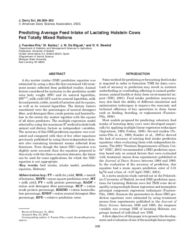 (PDF) Predicting average feed intake of lactating Holstein cows fed ...