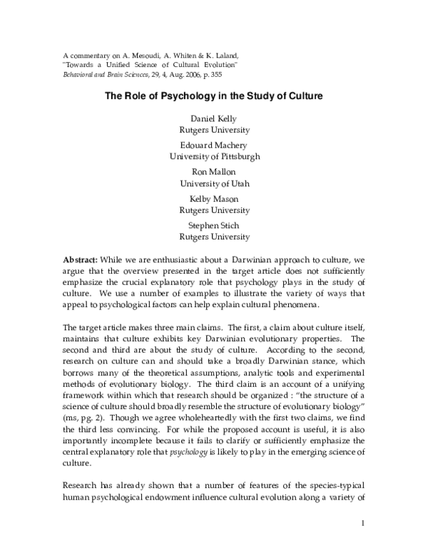 (PDF) The role of psychology in the study of culture
