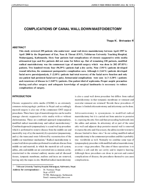 Pdf Complication Of Canal Wall Down Mastoidectomy