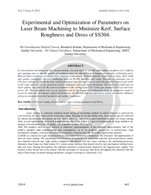 (PDF) Experimental and Optimization of Parameters on Laser Beam Machining to Minimize Kerf ...