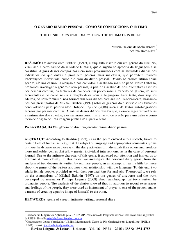 (PDF) O Gênero Diário Pessoal: Como Se Confecciona O Íntimo