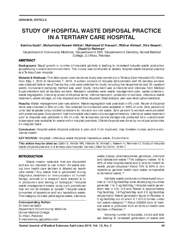 (PDF) Study of Hospital Waste Disposal Practice in a Tertiary Care Hospital