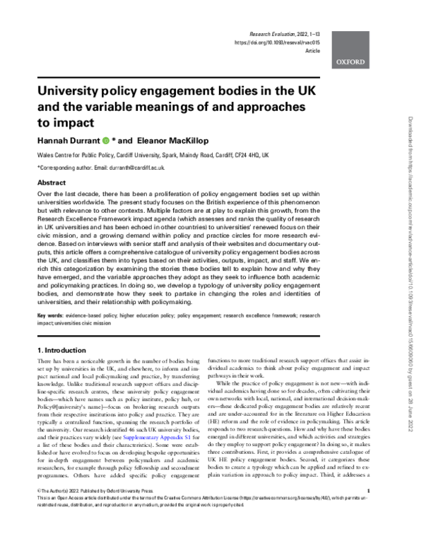 (PDF) University policy engagement bodies in the UK and the variable ...
