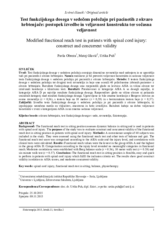 (PDF) Modified functional reach test in patients with spinal cord injury