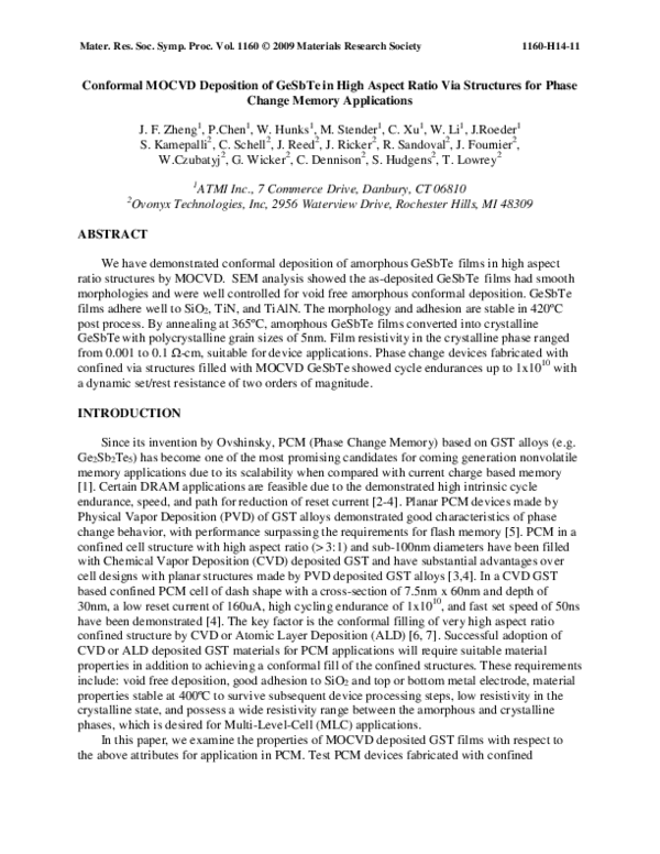 (PDF) Conformal MOCVD Deposition of GeSbTe in High Aspect Ratio Via ...