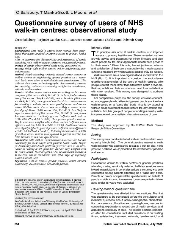 (PDF) Questionnaire survey of users of NHS walk-in centres ...