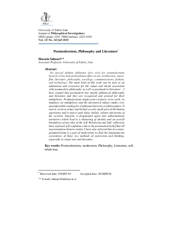 (PDF) Postmodernism, Philosophy and Literature